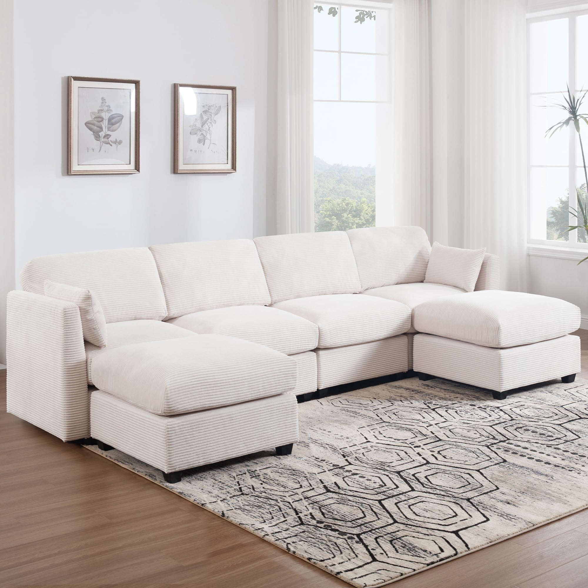 GNIXUU 126" Oversized Convertible Sectional Sofa Couch for Living Room, Corduroy Fabric Upholstered U Shaped Couch, Comfy Modular 6 Seat Sofa with Chaise, Beige