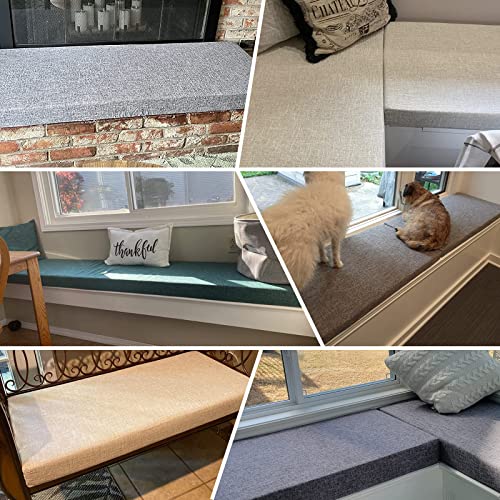 Custom Bench Cushion Angled Trapezoid Shape Bay Window Seat Upholstery Foam for Indoor Outdoor Non-Slip Bottom Design Washable Linen Cover Dark Grey