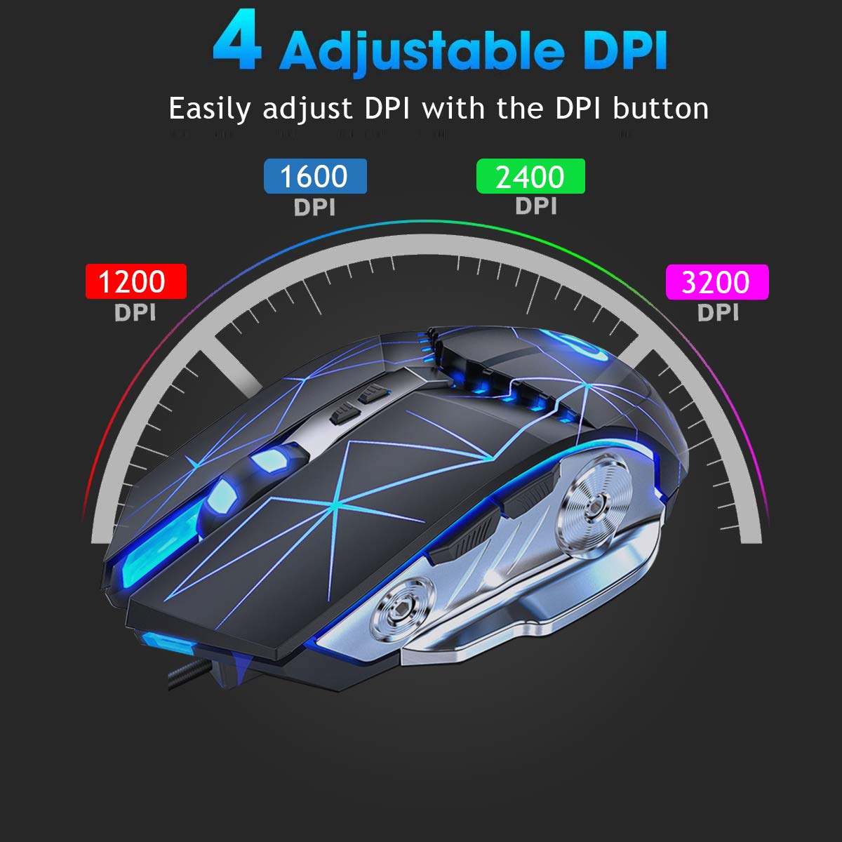 Censprin Gaming Mouse USB Wired RGB Backlit Silent Click Gamer Mouse with 4 Adjustable DPI Up to 3200, Comfortable Grip Ergonomic Optical Gaming Mice for Laptop PC Gamer Computer