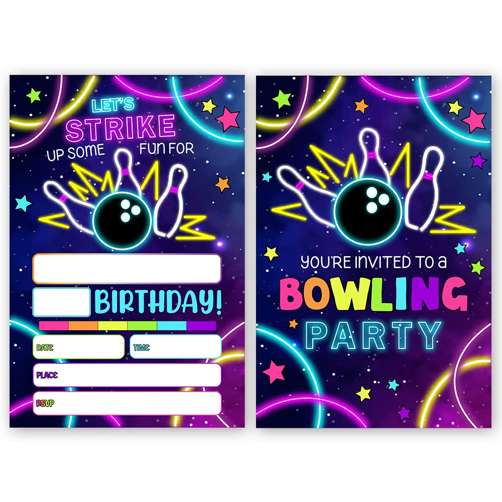FujLoy Bowling Birthday Invitation, Bowling Birthday party Invitation Cards, Rainbow Neon Glow Bowling Invite.(052)