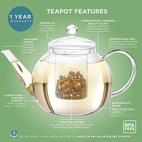 Teabloom Stovetop & Microwave Safe Teapot (40 OZ) with Removable Loose Tea Glass Infuser β Includes 2 Blooming Teas β 2-in-1 Tea Kettle and Tea Maker