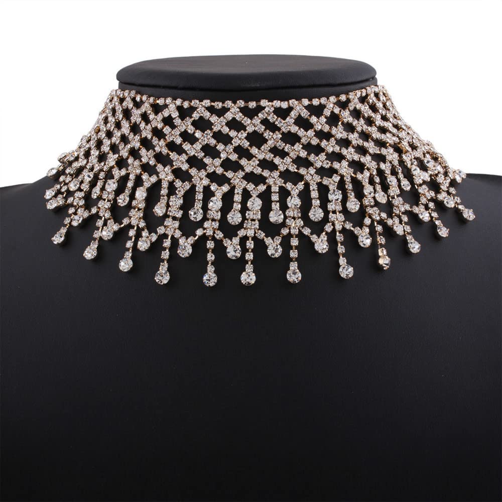 Chamvino Full diamond fashion exaggerated choker Water drop studded diamond tassel choker for Women's and girls gifts(gold/silver)