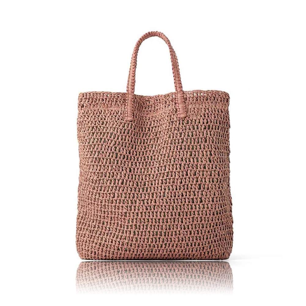 QTKJ Fashion Hand-Woven Soft Large Shoulder Bag Boho Straw Leather Handle Tote Retro Summer Travel Beach Handbag (Pink)