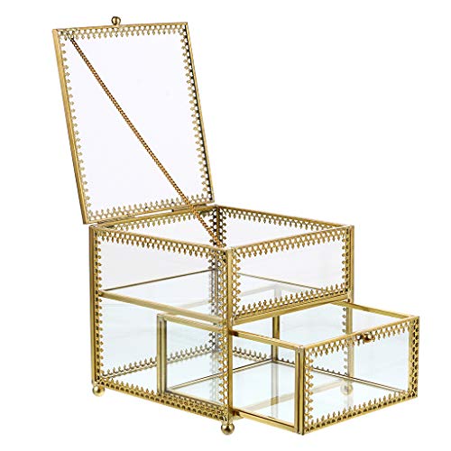 Hipiwe Vintage Glass Jewelry Trinket Box - Geometric Golden Vanity Organizer holder with Drawer, Decorative Jewelry Display Case for Storage Bracelets Necklace Watch Rings