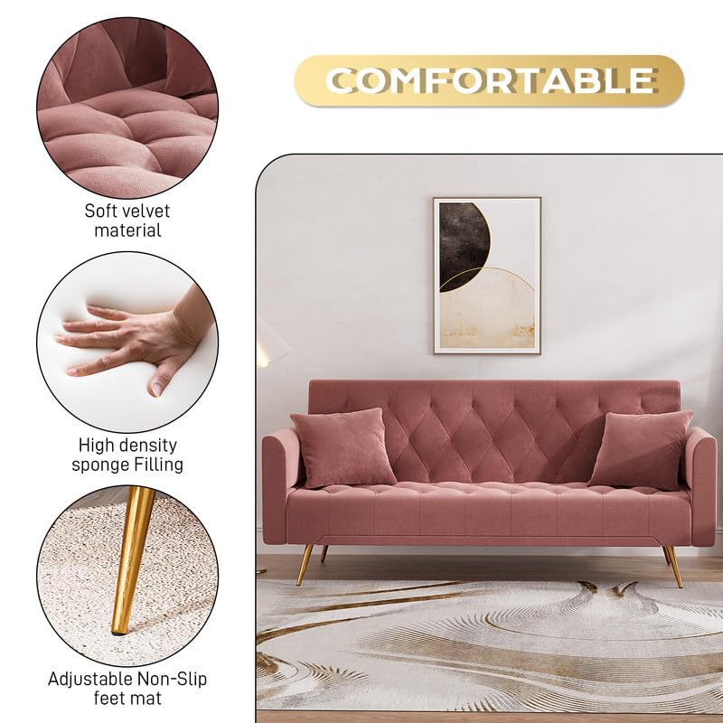 DAMAIFROM 71" Velvet Couch, Futon Sofa Bed, Sleeper Sofa with Adjustable Back, Loveseat,Mid Century Modern Couches with Folding Armrests for Living Room, Bedroom,Small Spaces (Rose Pink)