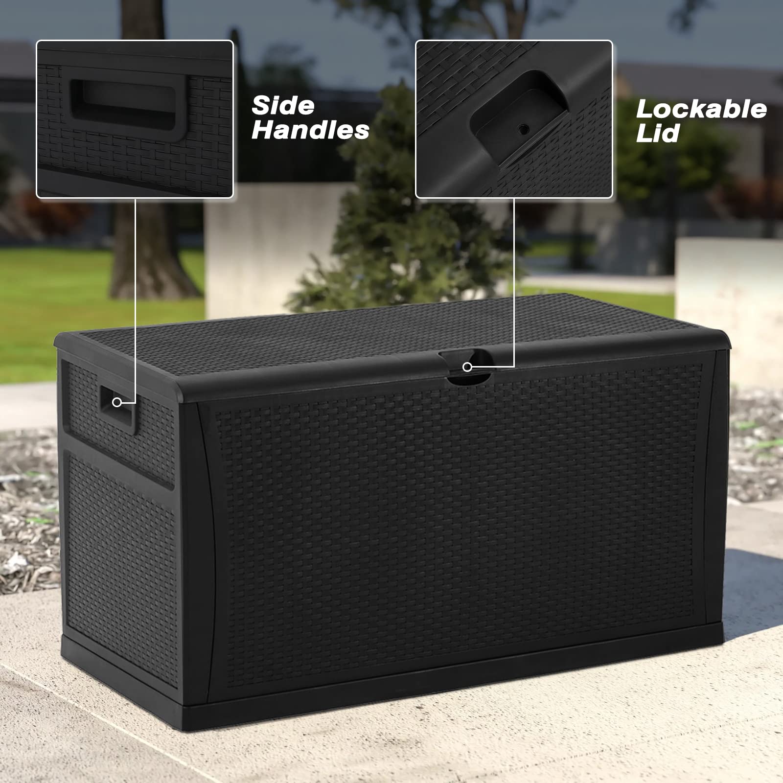 Patiomore 120 Gallon Resin Wicker Patio Storage Box, Outdoor Storage Container Deck Box and Gar,(Black)