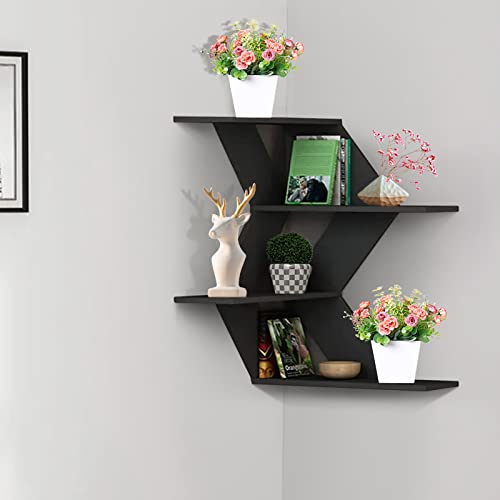 idee-home Corner Shelf Wall Mount, Rustic Hanging Floating Corner Shelf 4 Tier for Corner Wall Shelves Decor, Wood Mounted Decorativa Wall Storage Shelves for Bedroom, Bathroom, Black