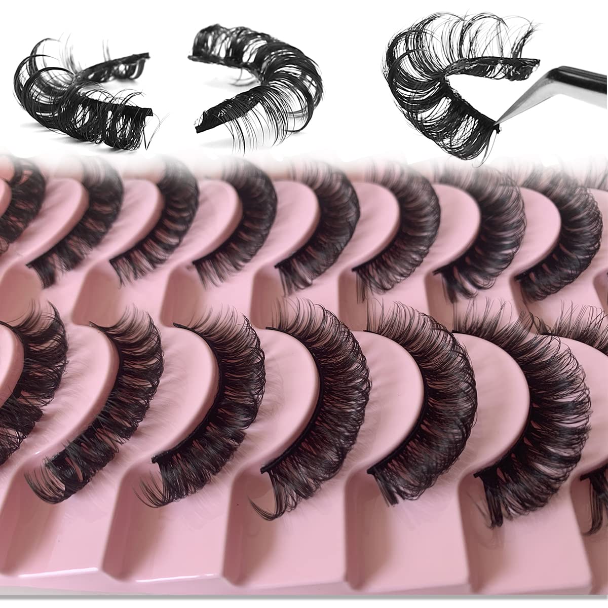 False Eyelashes Russian Strip Lashes Natural Look 3D Effect Wispy Fluffy Curly, DD Curl False Eyelashes Super Curl Faux Mink Lashes 10 Pairs Pack