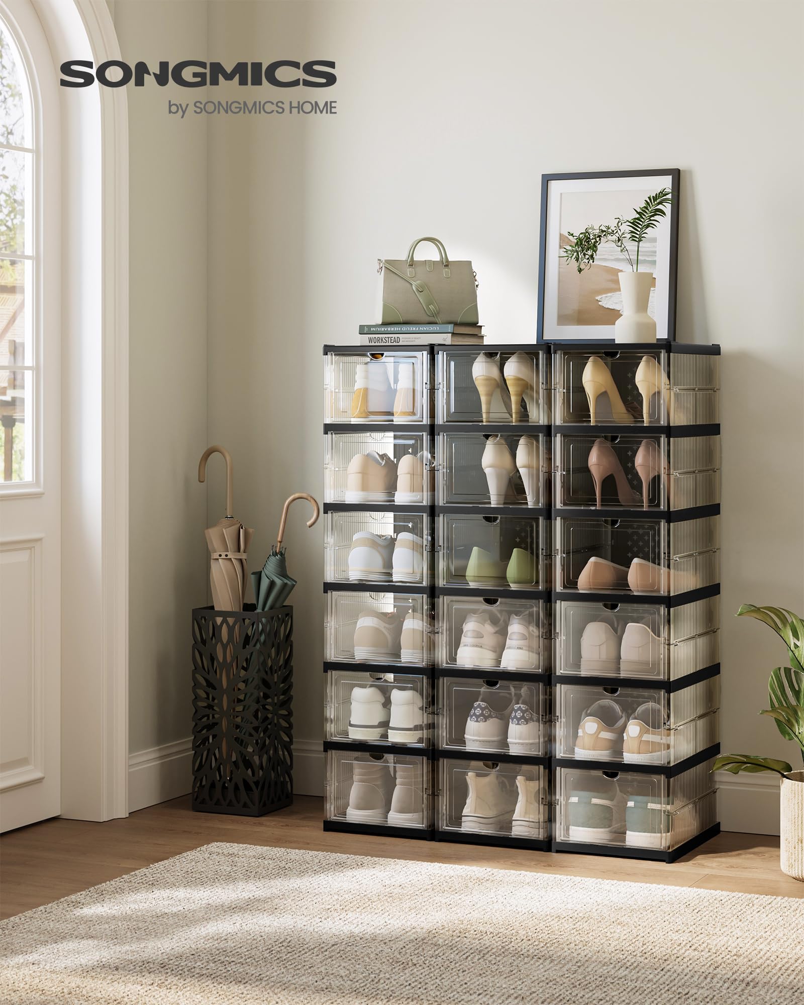 SONGMICS Foldable Shoe Boxes, Pack of 18 Stackable Shoe Storage Organizer, Set of 3 Integraed Shoe Cabinets, Portable, Fit up to US Size 13, 60s Assembly, Transparent and Ink Black ULSP207B01