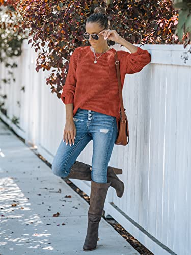 MEROKEETY Women's 2023 Casual Fall Waffle Knit Sweater Long Balloon Sleeve Loose Pullover Jumper, Rust, M