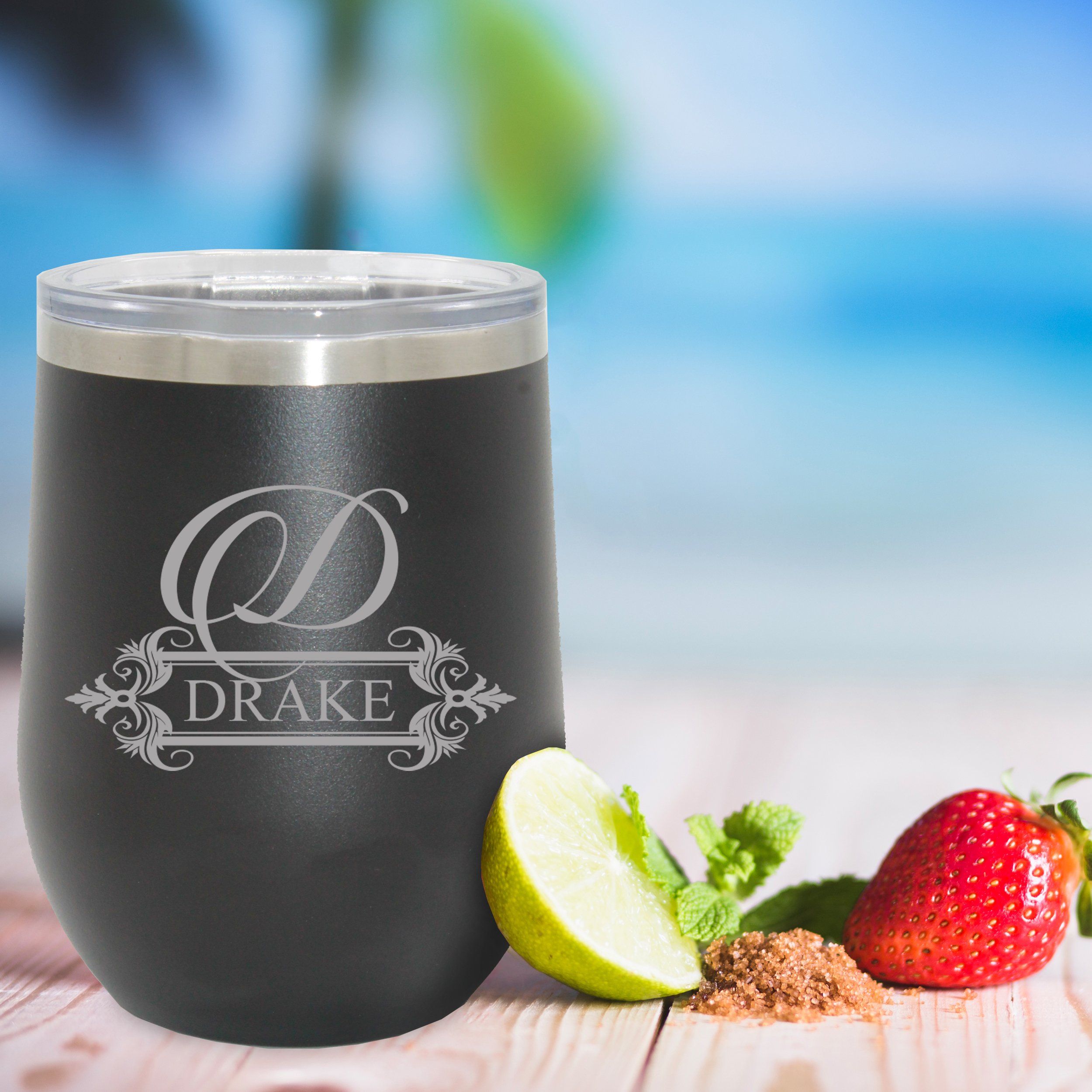 Custom Engraved Insulated Stemless Wine Tumbler Cup - Personalized Bridesmaid Beach Pool Girls Fun - Monogrammed (Black)