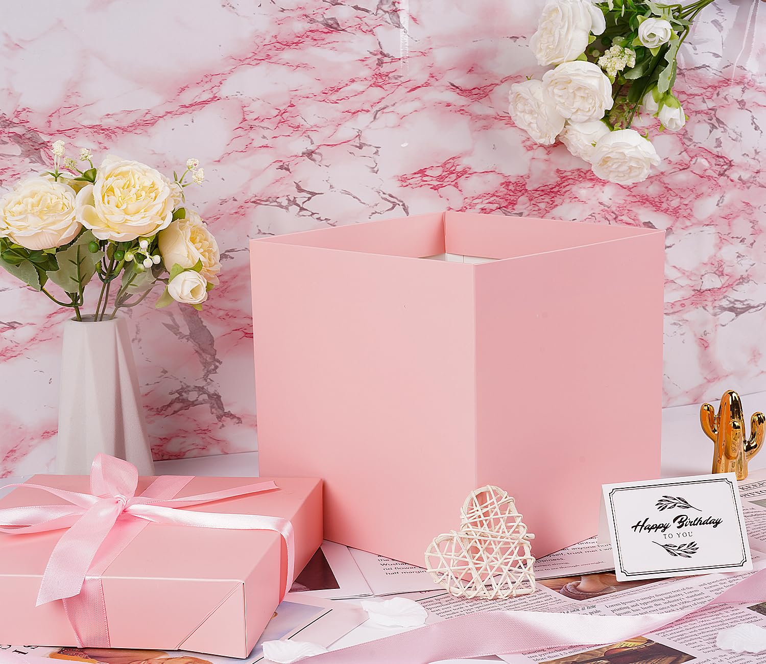 Jaywayang Medium Pink Gift Box with Lids, Ribbon and Tissue Paper, Collapsible, for Birthday, Wedding, Anniversaries, Mother's Day, 8.7x8.7x8.7 Inches