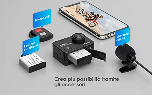 COOAU Native 4K 60fps 20MP Touch Screen WiFi Action Sport Camera EIS Stabilization Underwater Waterproof Cam with External Microphone Remote Control 2x1350Amh Batteries