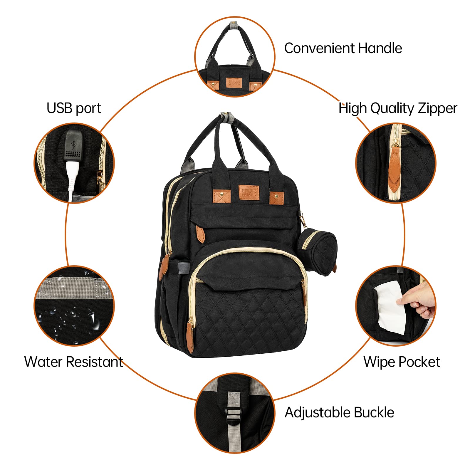 DAILY&DIARY Diaper Bag Backpack, Baby Bag Multifunction Waterproof Nappy Bag with Stroller Straps, USB Charging Port Unisex for Newborn Boys Girls, Black
