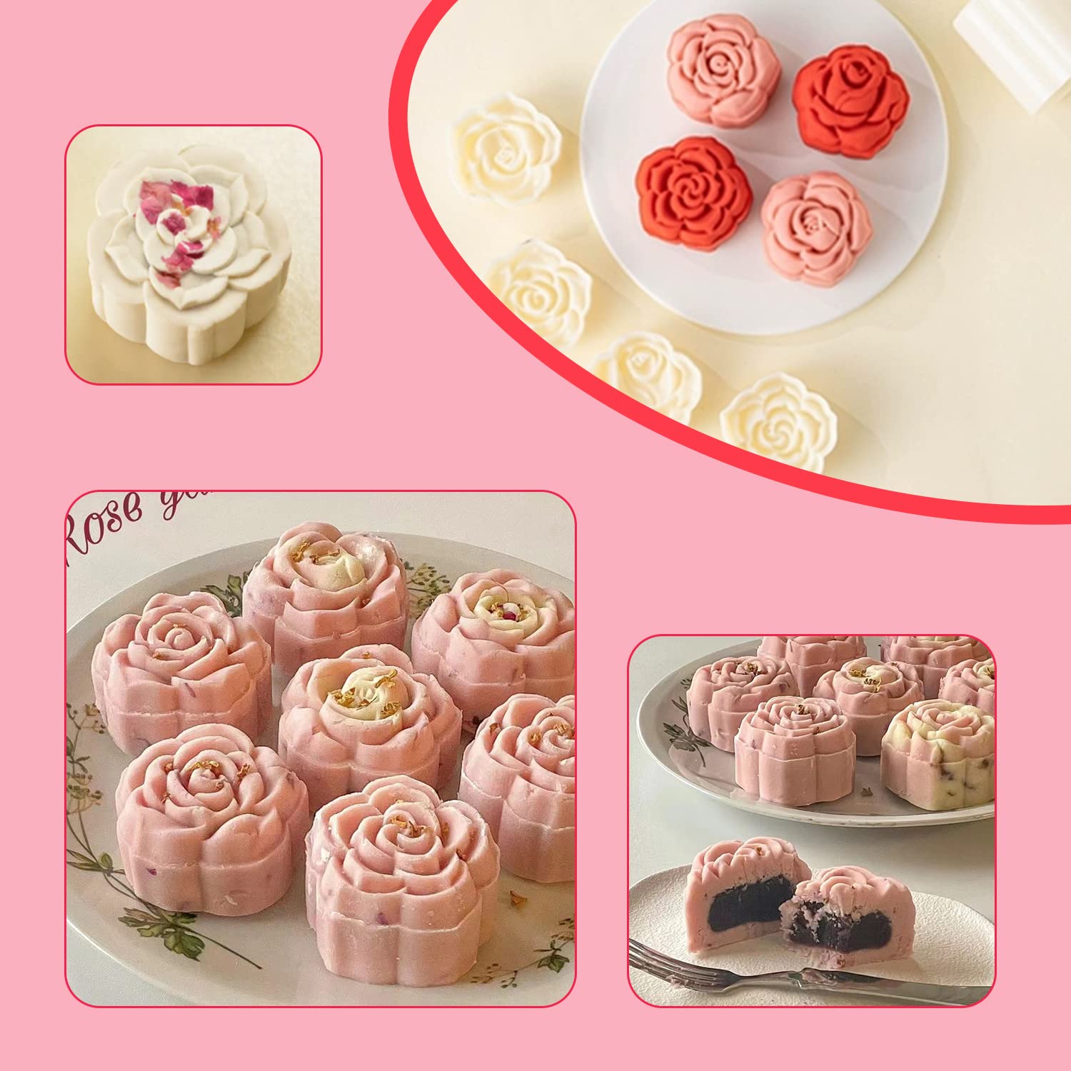 Cute Shaped DIY Mooncake Molds，Mooncake Mold Thickness Adjustable，Hand Press Cookie Dessert stamp Pastry Decoration Tool (4 roses)