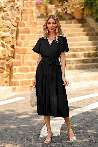 PRETTYGARDEN Summer Dresses for Women 2023 V Neck Wrap Short Sleeve Boho Midi Dress Tie Waist A Line Beach Sun Dresses (Black, Medium)