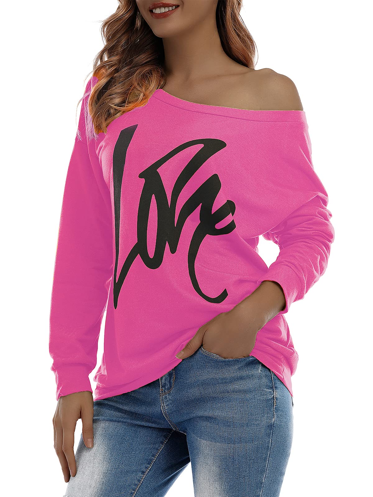 Century Star Women Long Sleeve Sweatshirts Off the Shoulder Sweatshirt Oversized letter Print Sweaters Pullover Casual Shirt Tops Rose Red Large (Lable Size Medium)