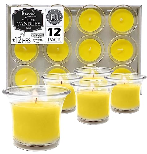 HYOOLA Clear Cup Filled Citronella Votive Candles - 12 Hour Burn Time - 12-Pack, Ideal Bug Repellent Candles, European Made