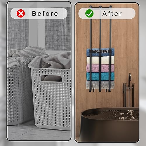 NEWPIC Wall Towel Rack for Rolled Towels, Vertical 3-Bar Adhesive Bathroom Towel Holder with 3 Hooks, Rolled Towel Rack Wall Mounted, Metal Towel Storage for Small Bathroom, Black