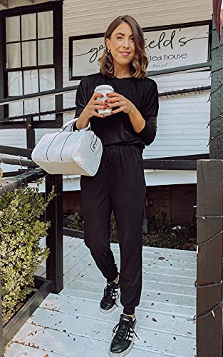 PRETTYGARDEN Women's 2023 Fall Two Piece Outfit Long Sleeve Crewneck Pullover Tops And Long Pants Tracksuit (Black,Small)