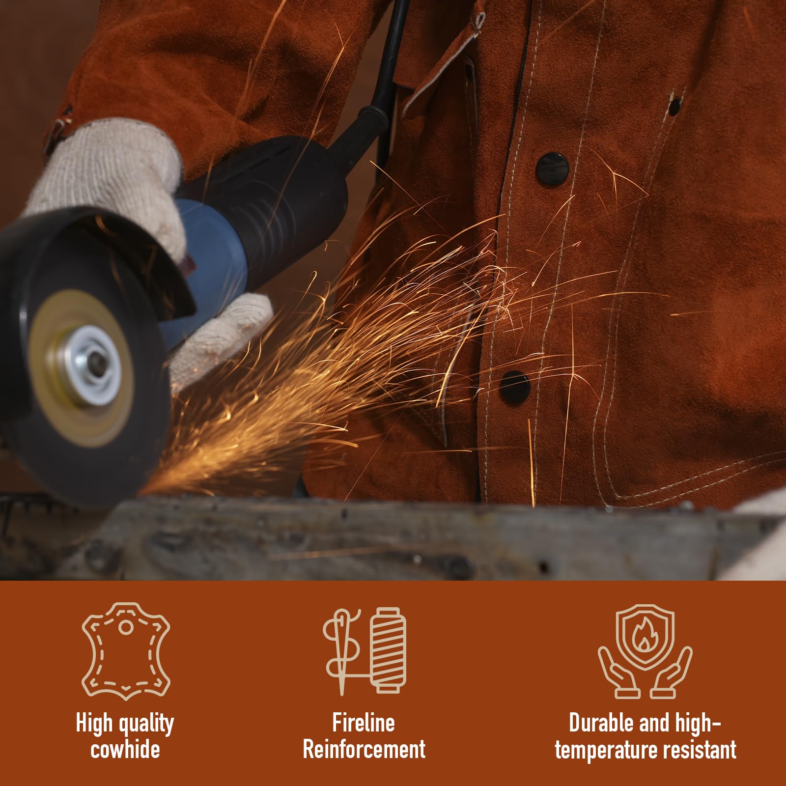QeeLink Leather Welding Jacket - Flame-Resistant Heavy Duty Work Welder Jackets - Split Cowhide Welding Coat for Men Women (Medium)