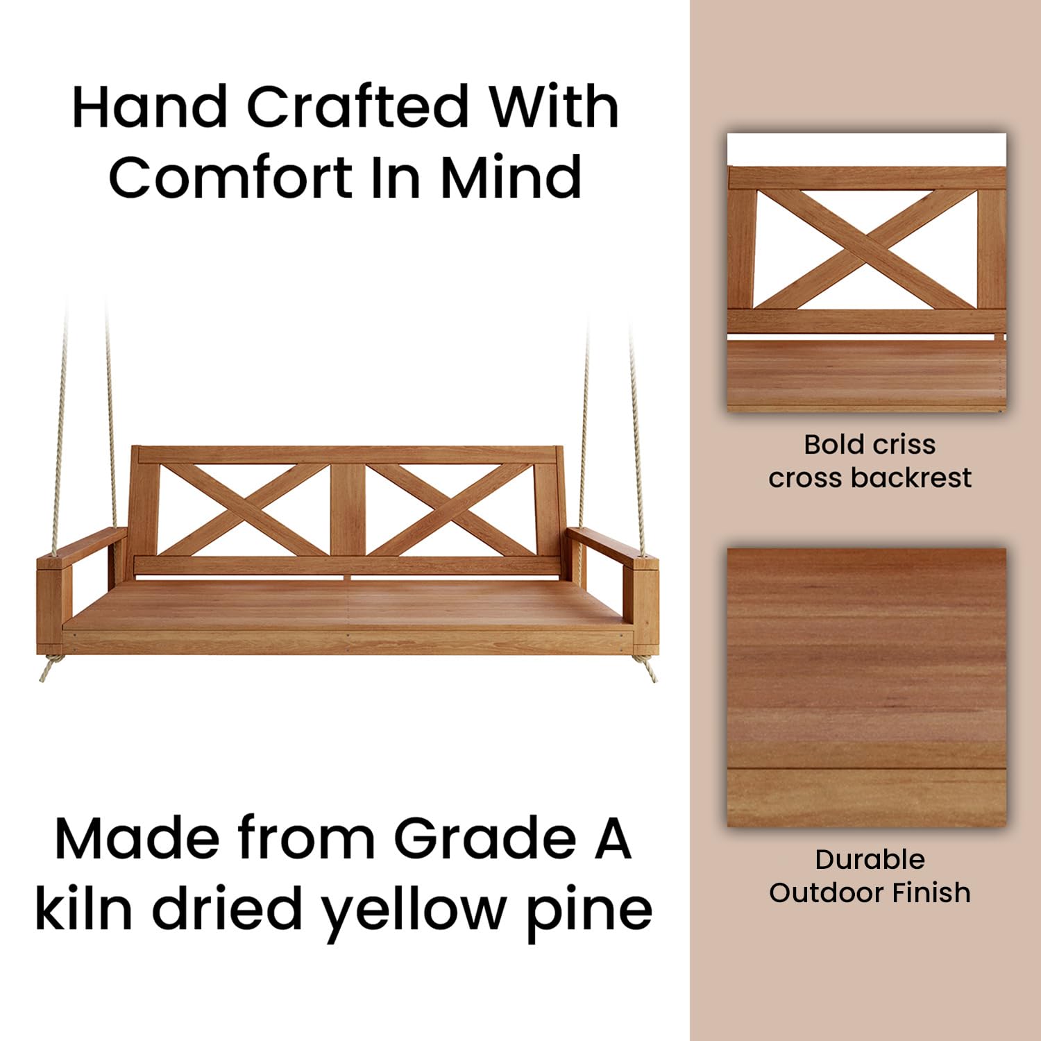 Malvern 6 Foot Wood Porch Swing Bed in Cedar Stain, Amish Handcrafted Daybed Style Swing