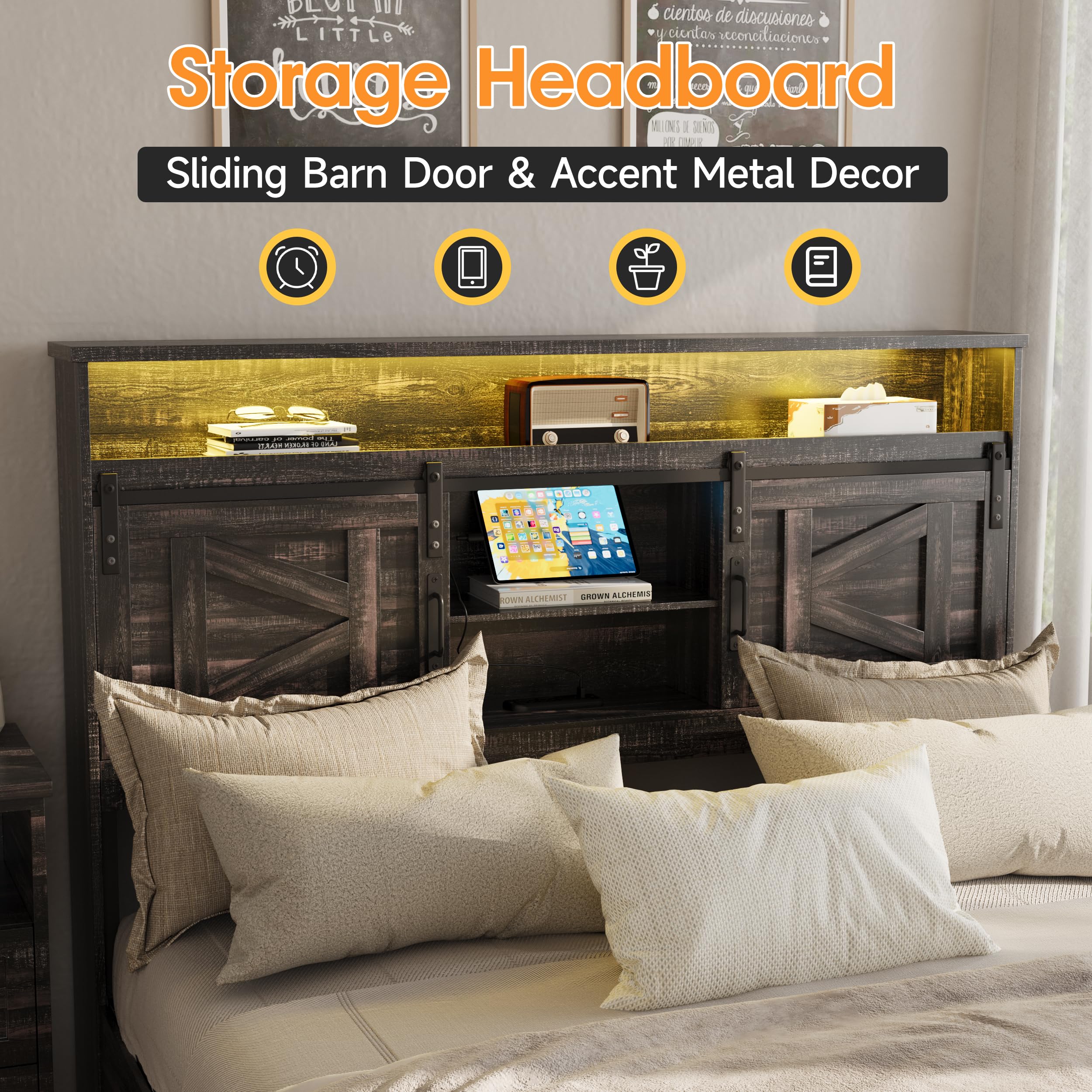 Fameill Farmhouse Queen Size Bed Frame with 4 Drawers and Bookcase Headboard, Sliding Barn Door Storage Shelves, LED Lights and Charging Station, No Box Spring Needed, Dark Rustic Oak