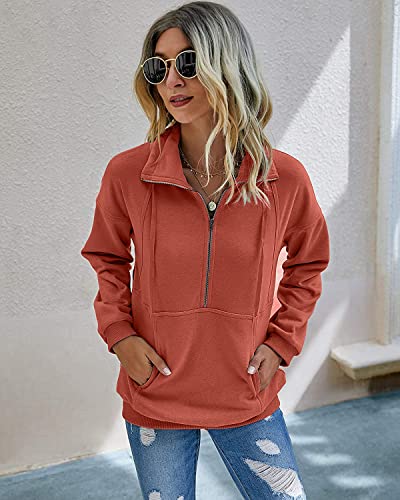PRETTYGARDEN Women’s Casual Long Sleeve Lapel Zipper Sweatshirt Drawstring Loose Pullover Tops Orange Red