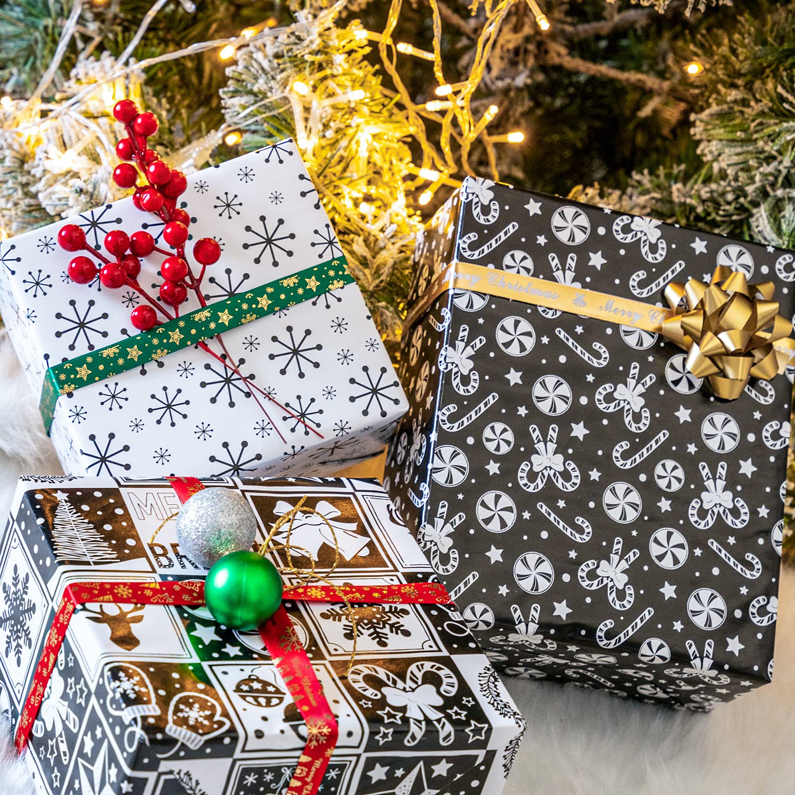 LeZakaa Christmas Wrapping Paper Mini Roll - Bell & Tree/Candy Canes/Snowflakes in Black & White for Gift Wrap, Arts Crafts - 17 x 120 inches - 3 Rolls (42.5 sq.ft.ttl.)