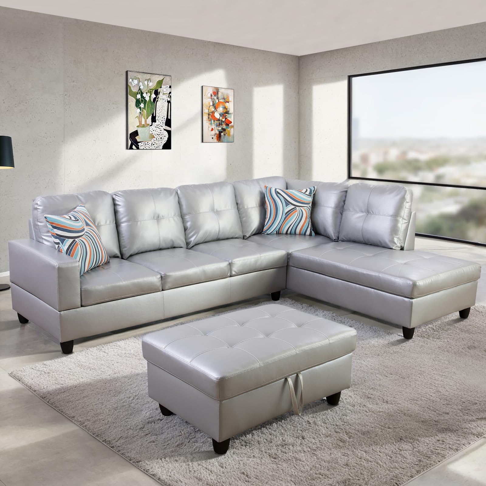 Etelifrank Modern Sectional Couch Set,Faux Leather Sofa with Chaise 3 Seating Sofa and Storage Ottoman,L Shape Sectional Sofa for Living Room Furniture Sets,(Facing Right Chaise)