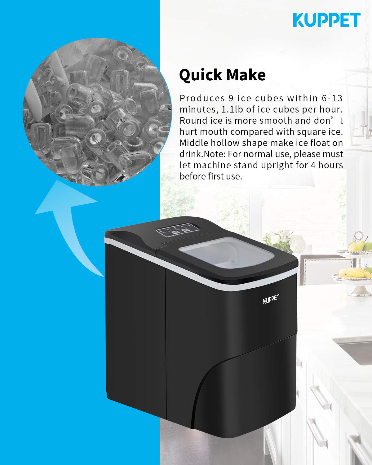 KUPPET Ice Maker Machine for Countertop, Portable Ice Cube Makers, Make 26 lbs ice in 24 hrs,Ice Cube Rready in 6-8 Mins with Ice Scoop and Basket for Home/Office/Bar (Black)