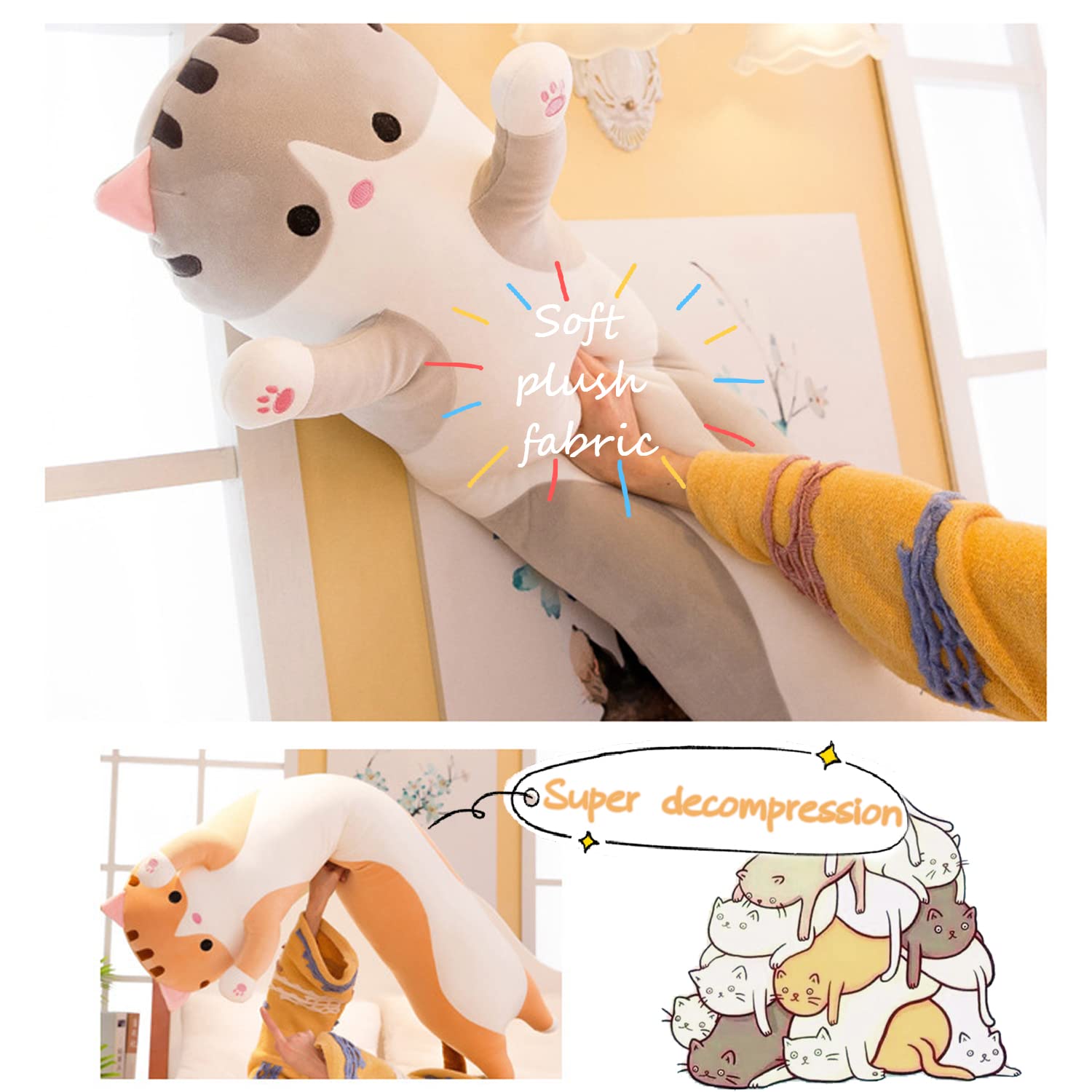 Handytoolinc Soft Cat Plush Pillow Long Stuffed Animals Sleeping Pillow Cotton Kitten Pillow Cute Long Body Pillow Gift for Kids Girlfriend (19.7inch/50cm,Pink)