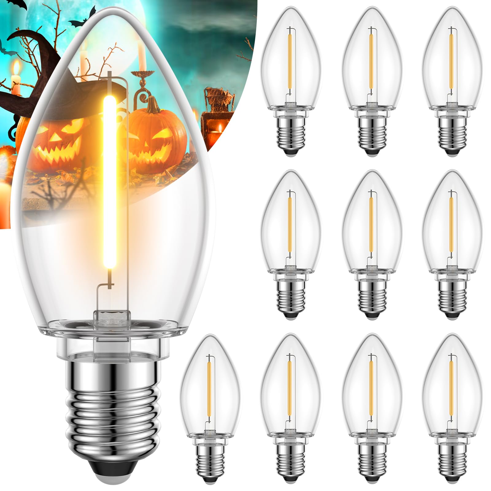 GLUROO LED Night Light Bulbs, C7 E12 Candelabra LED Light Bulbs, Clear Vintage Replacement Bulbs for Outdoor String Lights, 4W 5W 6W 7W Incandescent Bulb Equivalent, Warm White 2200K, 10 Pack