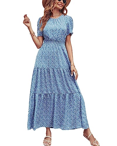 PRETTYGARDEN Women's Summer Casual Short Flutter Sleeve Round Neck Smocked Waist Tiered Boho Floral Flowy Maxi Dress(Small, Leaves Sky Blue)