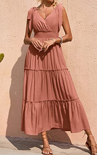 PRETTYGARDEN Women's Cross Neck Summer Sleeveless Tiered Maxi Dress Beach Tie Strap Smocked Long Dresses Pleated Sundress (Nude Pink,Medium)