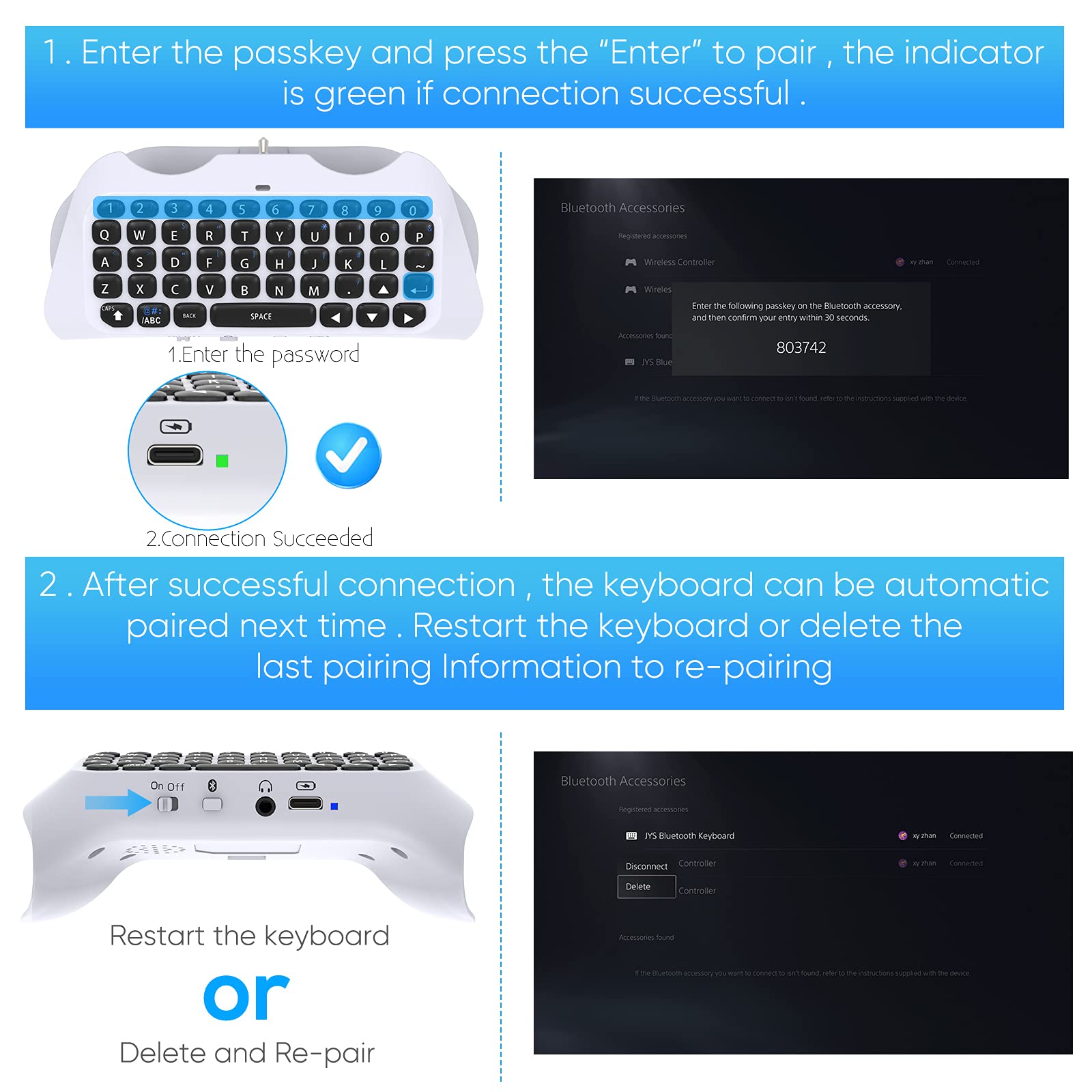 Controller Keyboard for PS5, Wireless Qwerty Keyboard Bluetooth 3.0 Mini Rechargeable Keypad Chatpad with Built-in Speakers, Live Chat 3.5mm Audio Jack for Playstation 5 Dualsense Controller