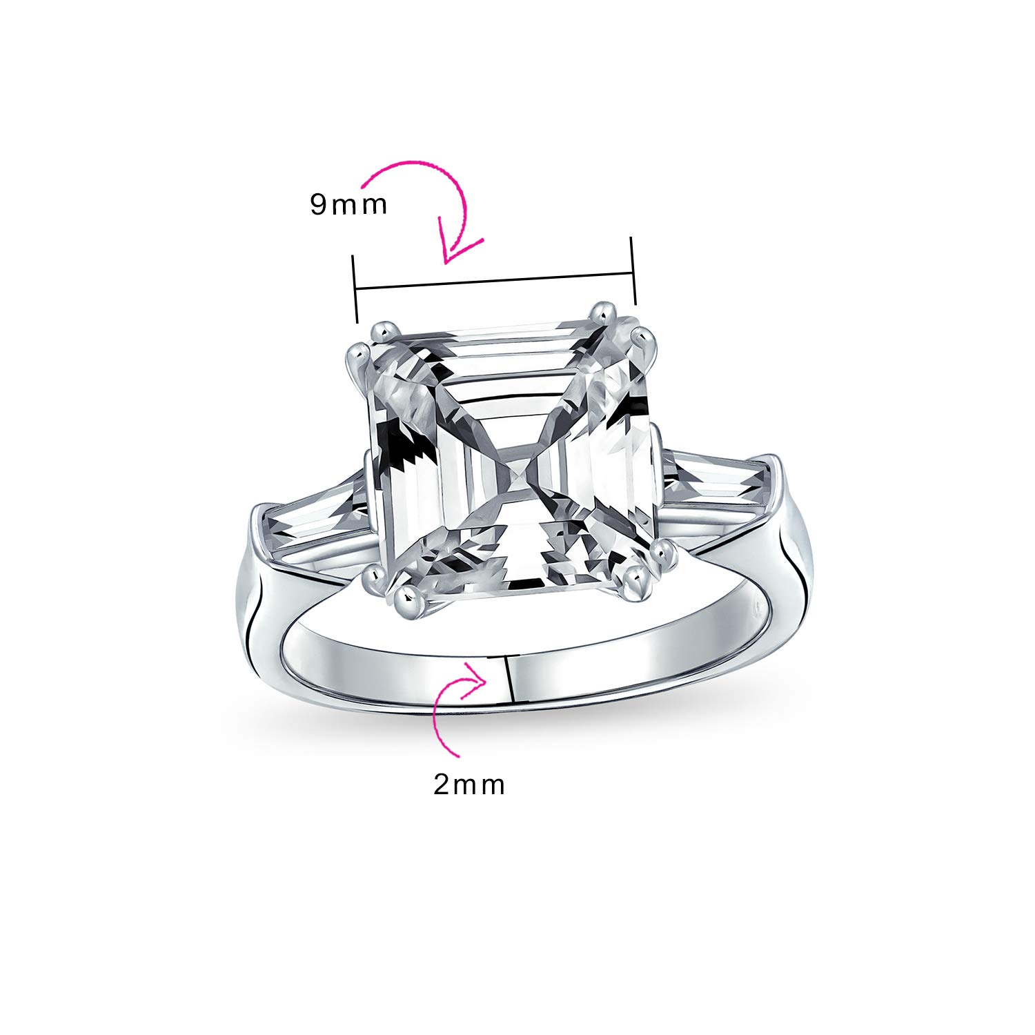 Bling Jewelry Personalize Traditional Classic 5CT AAA CZ Side Stones Baguette Solitaire Square Asscher Cut Statement Engagement Ring For Women Thin Band .925 Sterling Silver Customizable