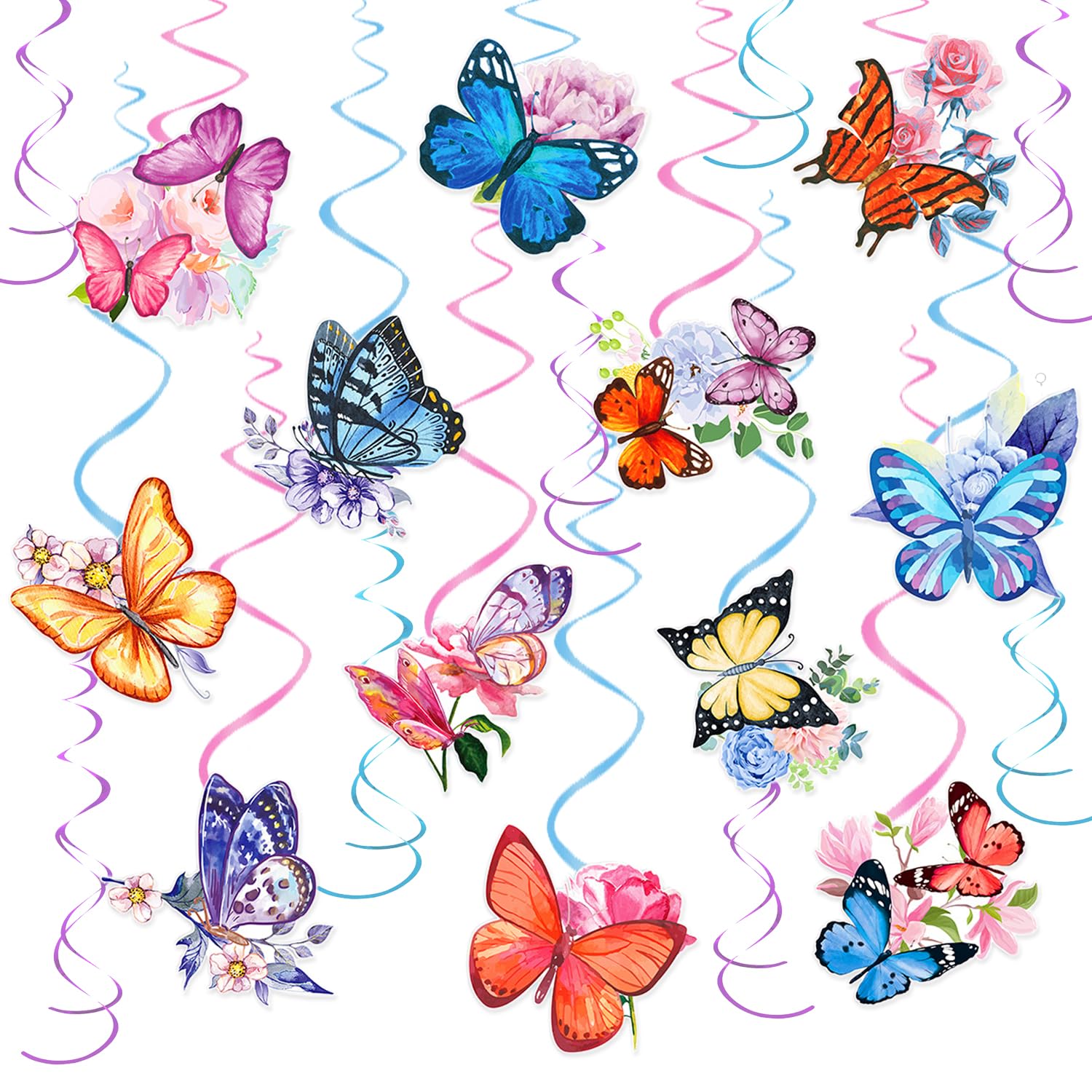 Hanging Butterfly Decorations, 24 Pcs Butterfly Swirls Birthday Decoration, Colorful Butterfly Garland for Birthday Baby Shower Wedding Bridal Shower Animal Theme Party Supplies