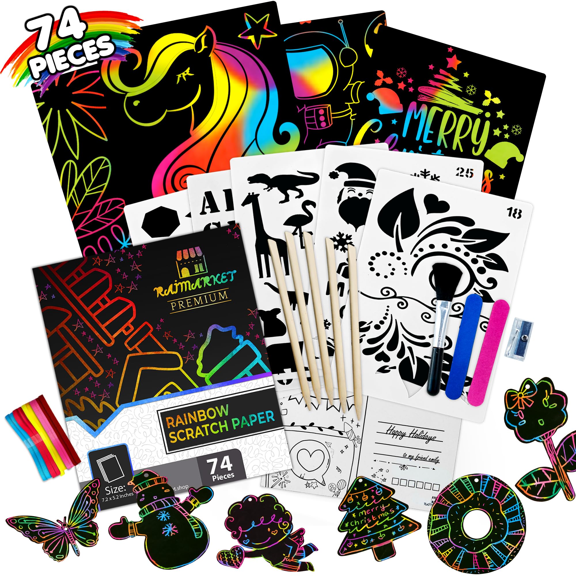 Raimarket Rainbow Scratch Paper 74 Pieces Set Scratch Art for Kids & Party Favors - Engaging Colorful Scratch Paper Kit for Children's Creative Scratch Art & Fun Crafting Toys for Girls Gifts