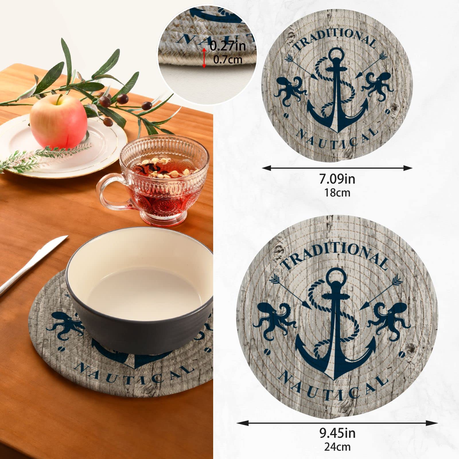 Cotton Rope Pot Holder Nautical Marine Octopus Anchor Wooden 2 Pcs Trivets for Hot Dishes Placemats Heat Resistant Hot Pads for Kitchen Weave Pot Mat Cooking Baking Deco