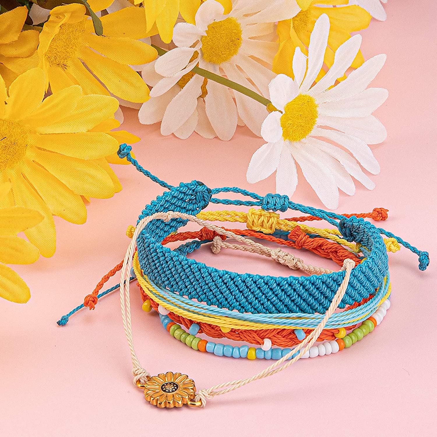 Braided Sunflower Boho String Woven Strand Bracelets Set for Women Adjustable Wrap Rope Charm Wave Jewelry Friendship Waterproof Gift Sunflower