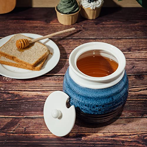 Honey Jar Pot By Gute 6"H - Elegant & Modern Ceramic With Dipper & Lid Rosh Hashanah Gift - Home Kitchen Honey and Syrup, Gorgeous Blue Beehive Honey Jar, Great For Jam, Jelly, 14oz (Ocean Blue)