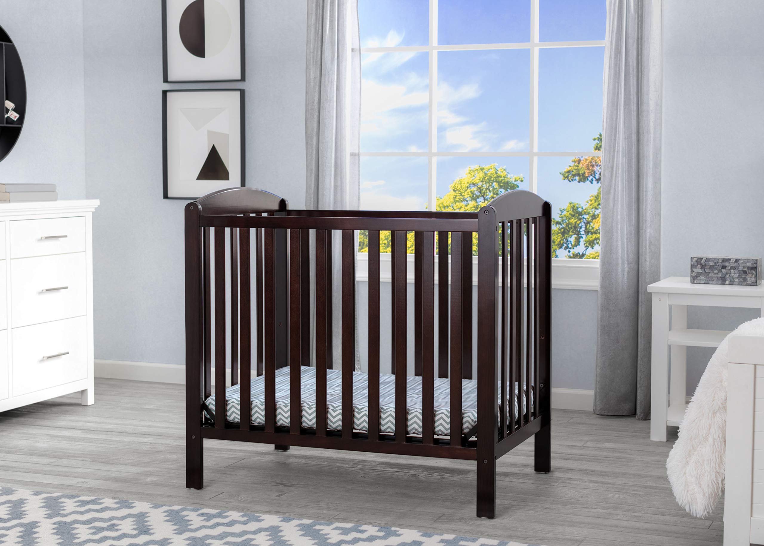 Delta Children Emery Mini Convertible Baby Crib & Twinkle Stars 3-Inch Waterproof Mini Crib Mattress, Dark Chocolate