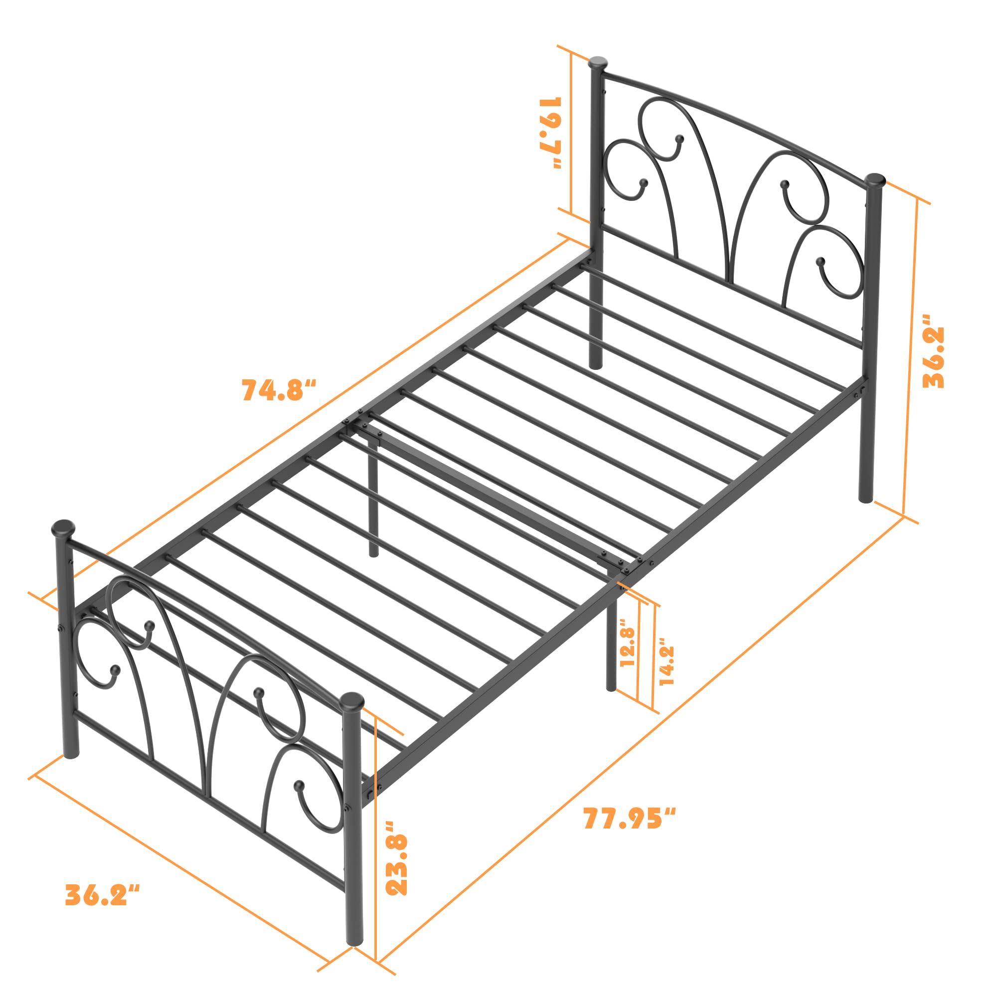 Timy Kids Twin Bed Frame with Headboard and Footboard, Metal Platform Bed Frame with 12 Inch Storage Space for Boys Girls Teens Adults, No Box Spring Needed, Black