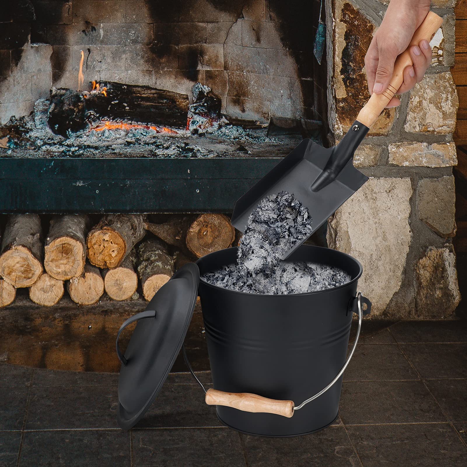 MINI Ash Bucket with Shovel and Hand Broom, 2 Gal Pail with Lid, Metal Bucket Coal and Ash Carrier Wood Pellet Storage Container Tool set for Fireplace Fire Pit, Iron Ash Wood Burning Stove