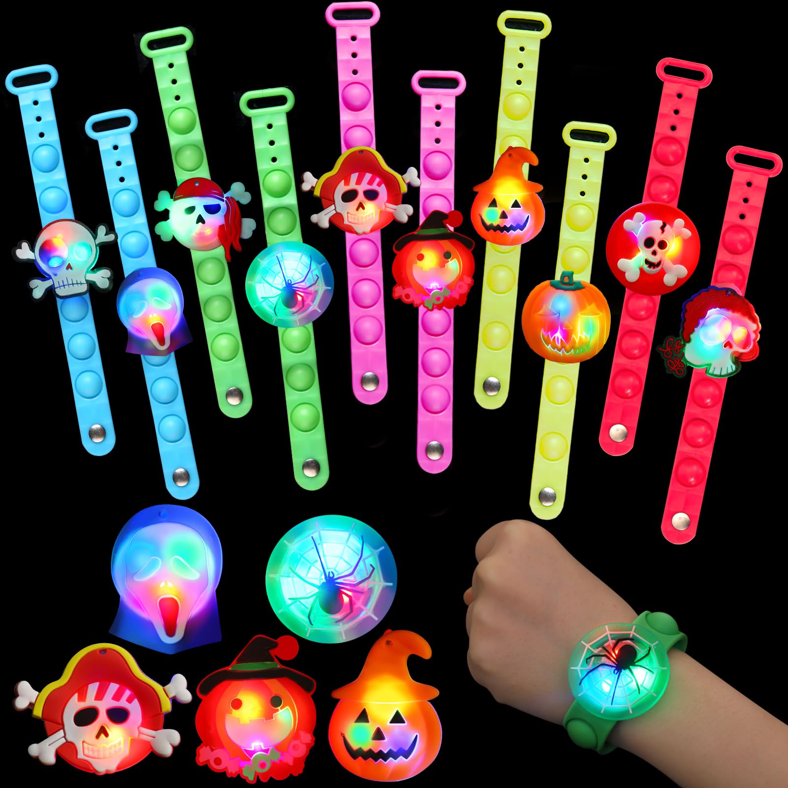 GOHEYI 24 Pack Halloween Christmas Gifts Party Favors Light Up Bracelets Toys, Glow in The Dark Party Supplies, Halloween Christmas Goodie Bags Stockings Stuffers Kids Treasure Box Classroom Prizes