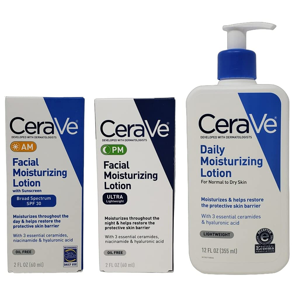 CeraVe Daily Skincare Bundle - Daily Moisturizing Lotion (12 oz), AM Facial Moisturizing Lotion with Sunscreen (2 oz), and PM Facial Moisturizing Lotion (2 oz)