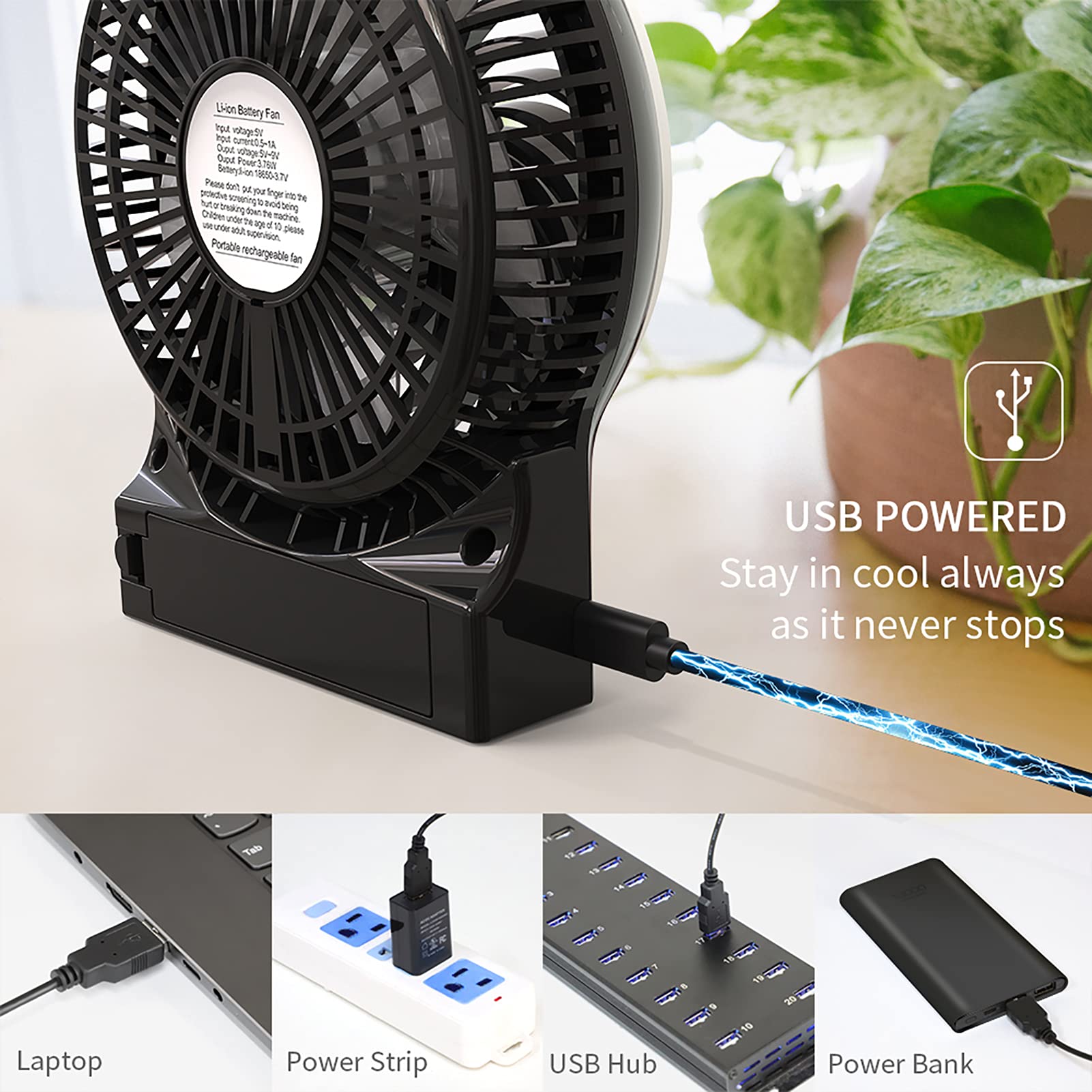 Mini Portable Battery Operated Desk Fan, Rechargeable & USB Powered Handheld Fan with Atmosphere Light & Flashlight, Strong Airflow, 3 Speeds, Small Personal Hand Held Fan for Desktop Camping (Black)