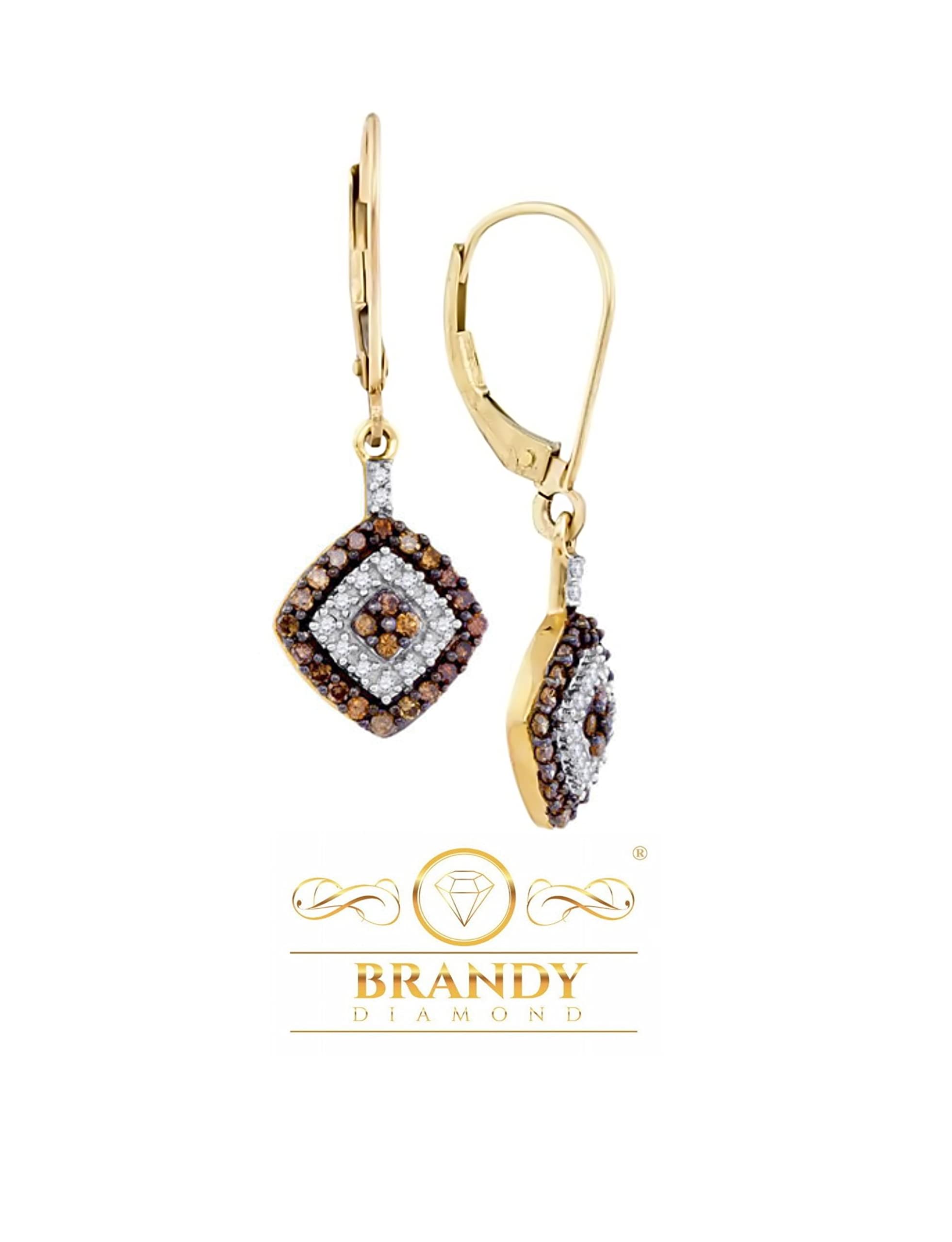 Brandy Diamond 10k Yellow Gold Chocolate Brown Diamond Sparkling Diamond Halo Dangle Earrings 1/2 Ctw.