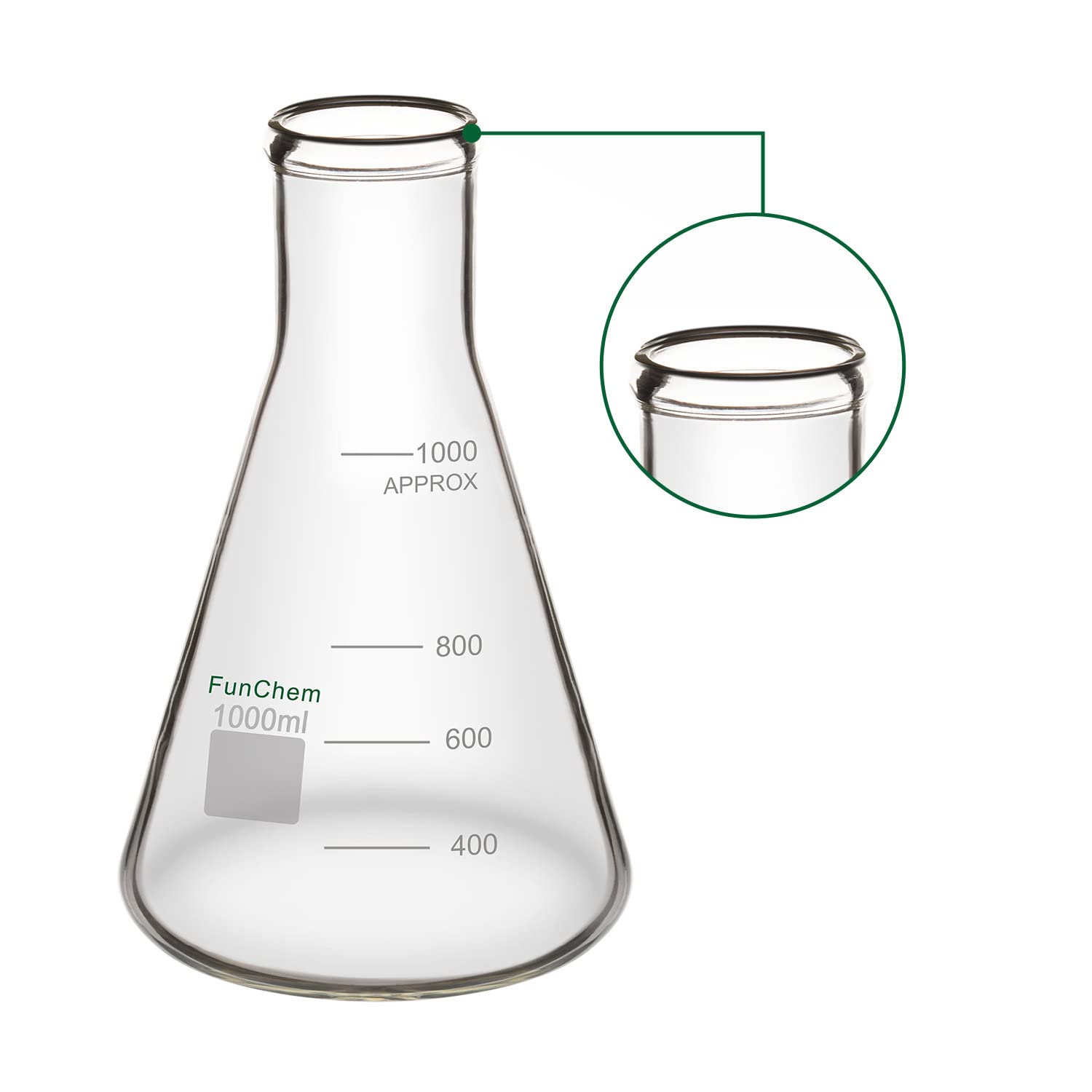 FunChem Narrow Mouth Glass Erlenmeyer Flasks with Heavy Duty Rim, Clear Graduations (500 ml)